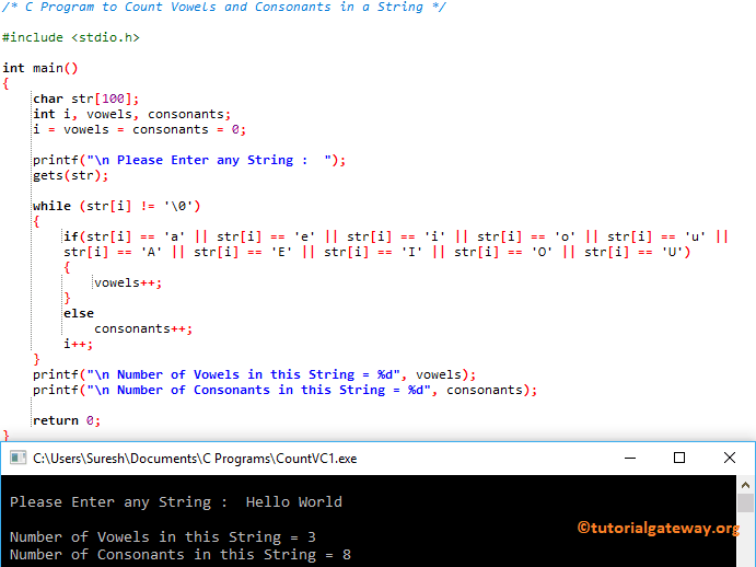 C Program To Count Vowels And Consonants In A String