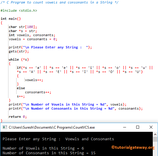 C Program To Count The Number Of Vowels And Consonants In A String