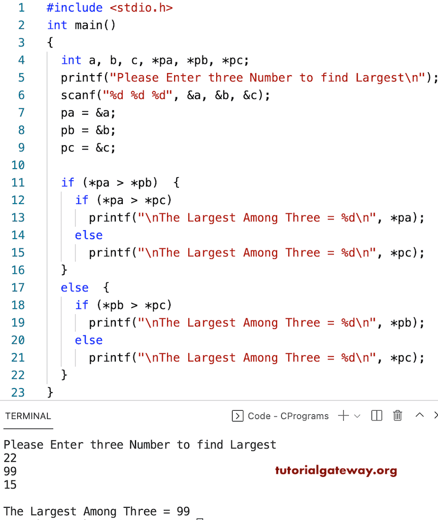 C Program To Find The Largest Of Three Numbers Using A Pointer