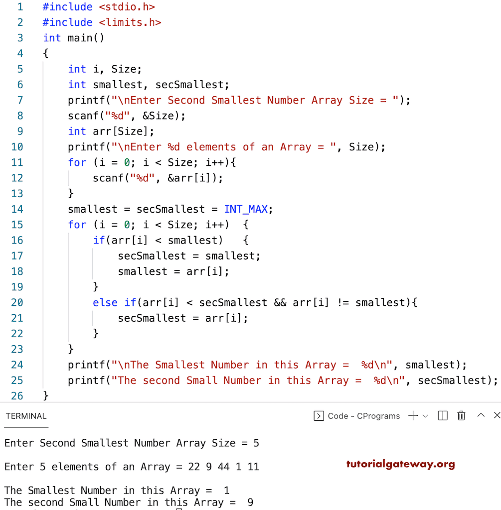 C Program To Find The Second Smallest Element In An Array