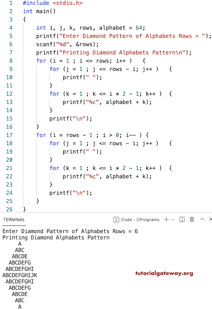 C Program To Print Diamond Pattern Of Alphabets Mobile Legends