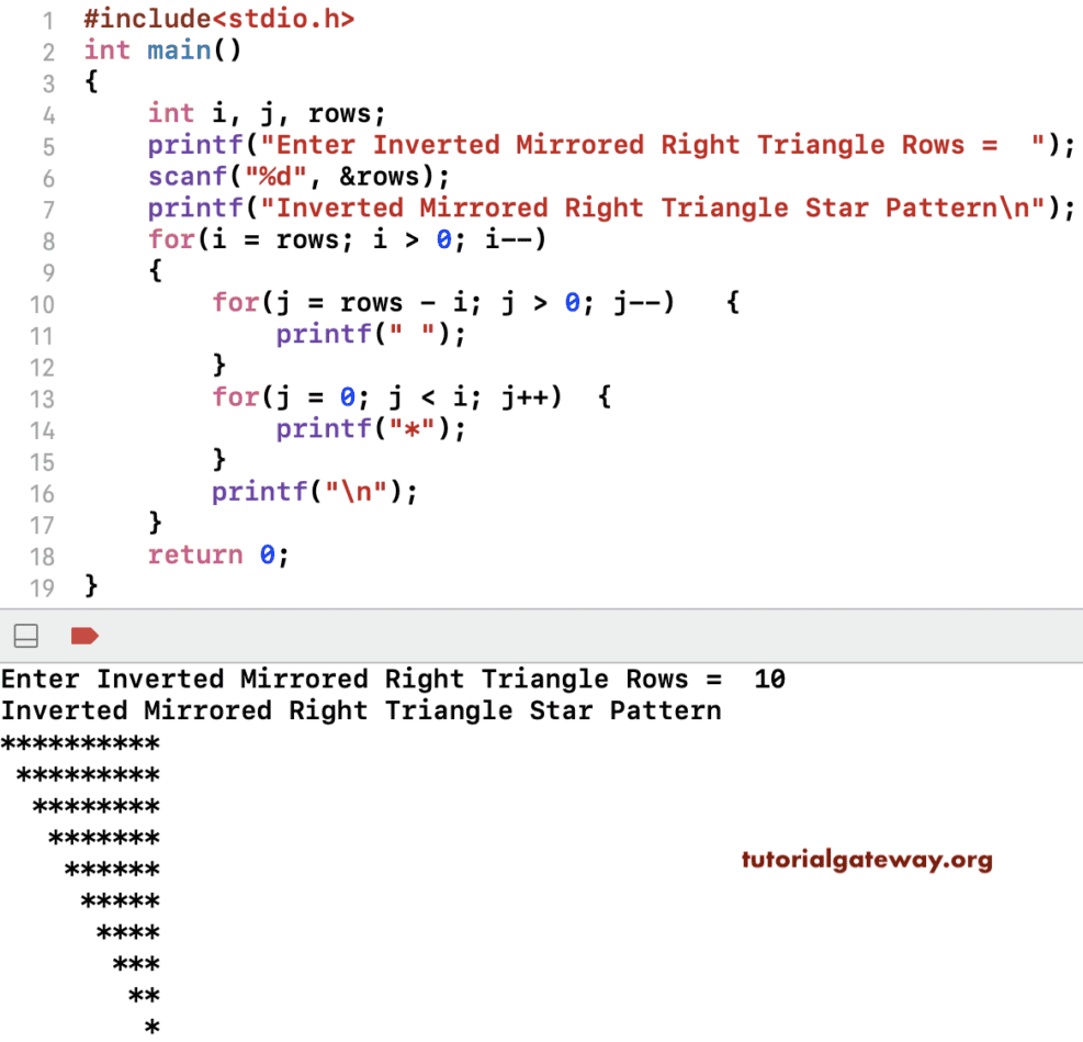 C Program To Print Inverted Mirrored Right Triangle Star Pattern