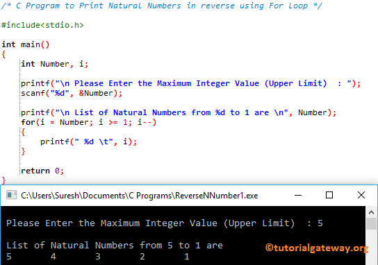 C Program To Print Natural Numbers In Reverse Order From 1 To N Using 