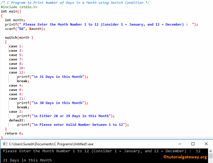 C Program To Print Number Of Days In A Month