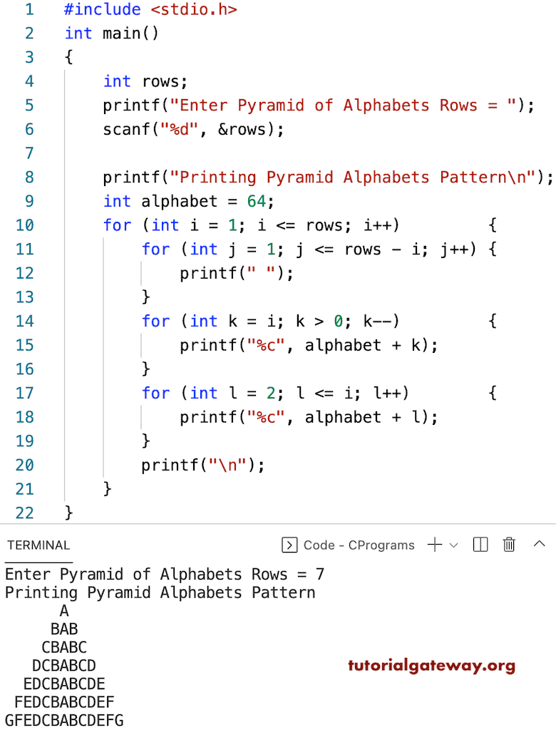 C Program To Print Pyramid Alphabets Pattern