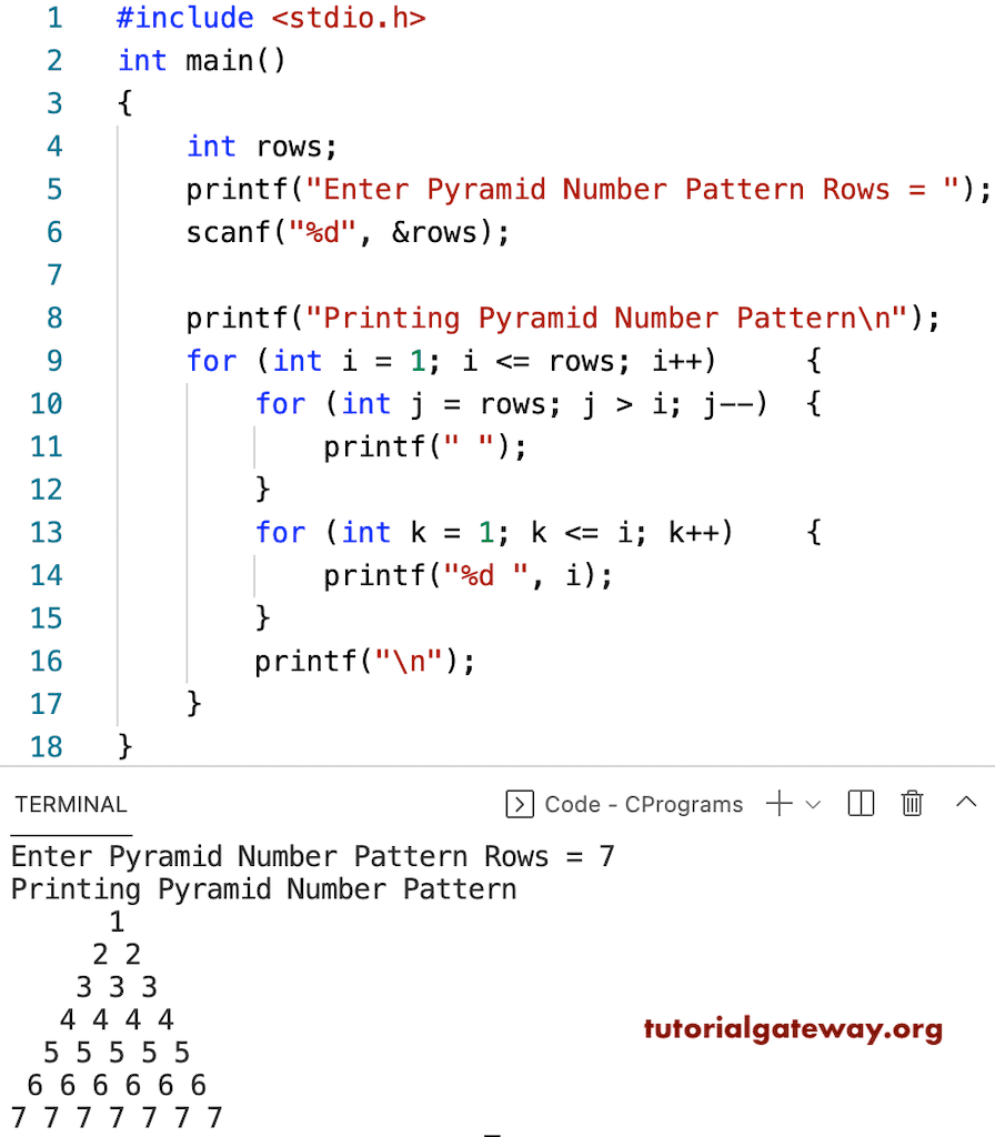 C Program To Print Pyramid Numbers Pattern
