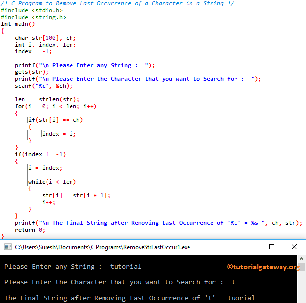 C Program To Remove Last Occurrence Of A Character In A String