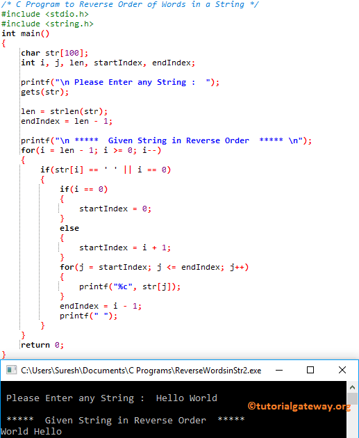C Program To Reverse Order Of Words In A String