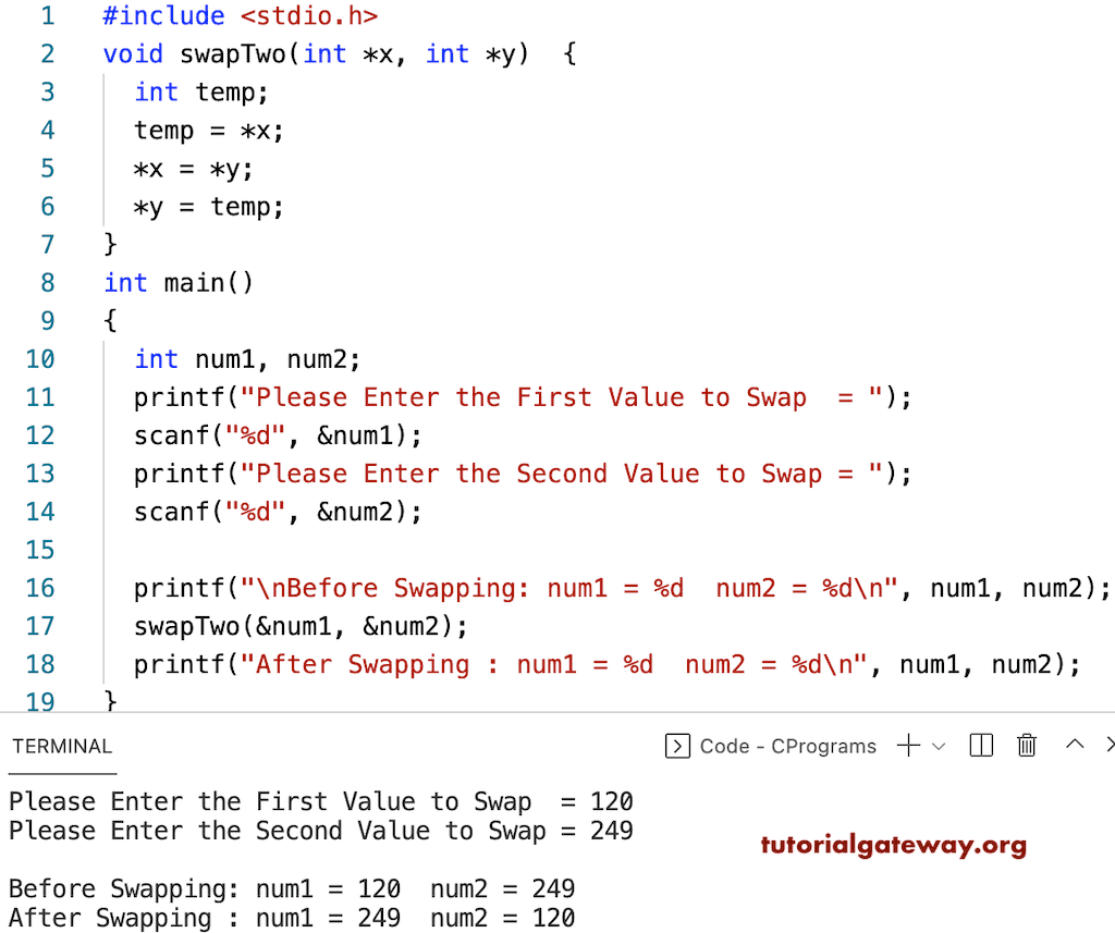 C Program To Swap Two Numbers Using Pointer