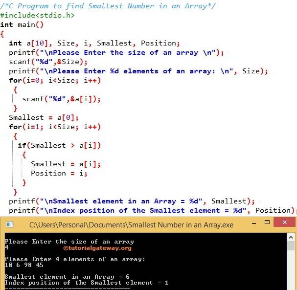 C Program To Find Smallest Number In An Array