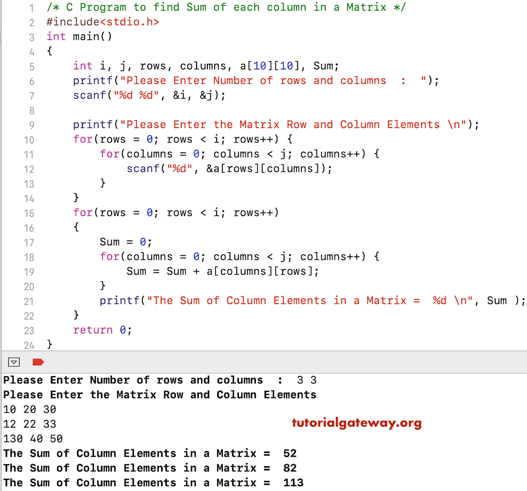 C Program To Find Sum Of Each Column In A Matrix