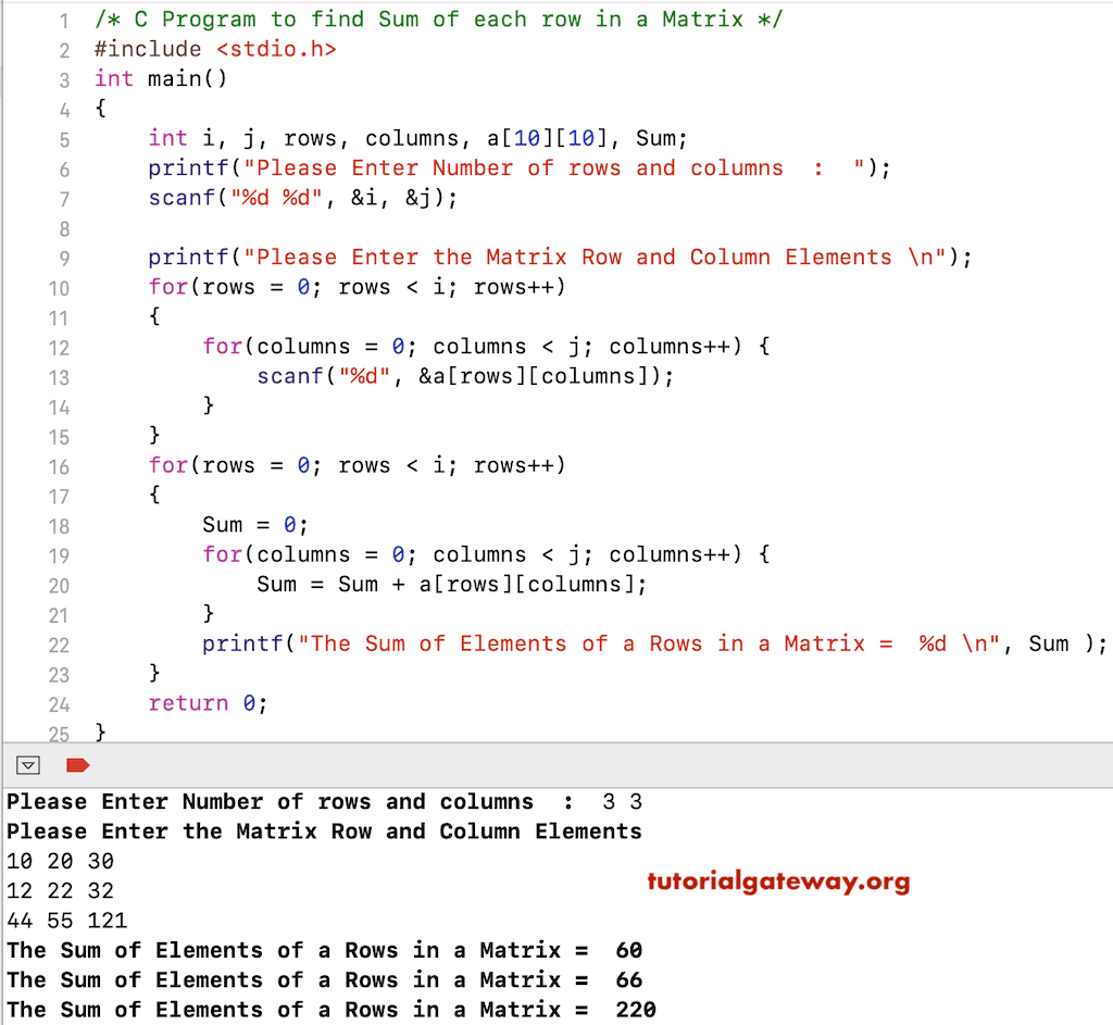 C Program To Find Sum Of Rows And Columns Of Matrix Codingalpha Riset