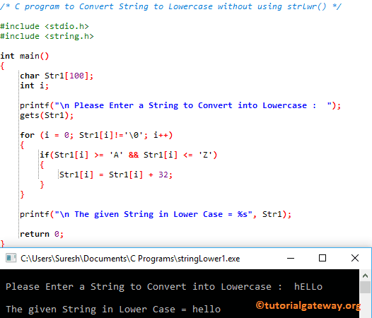 C Program To Convert String To Lowercase Without Using Strlwr 