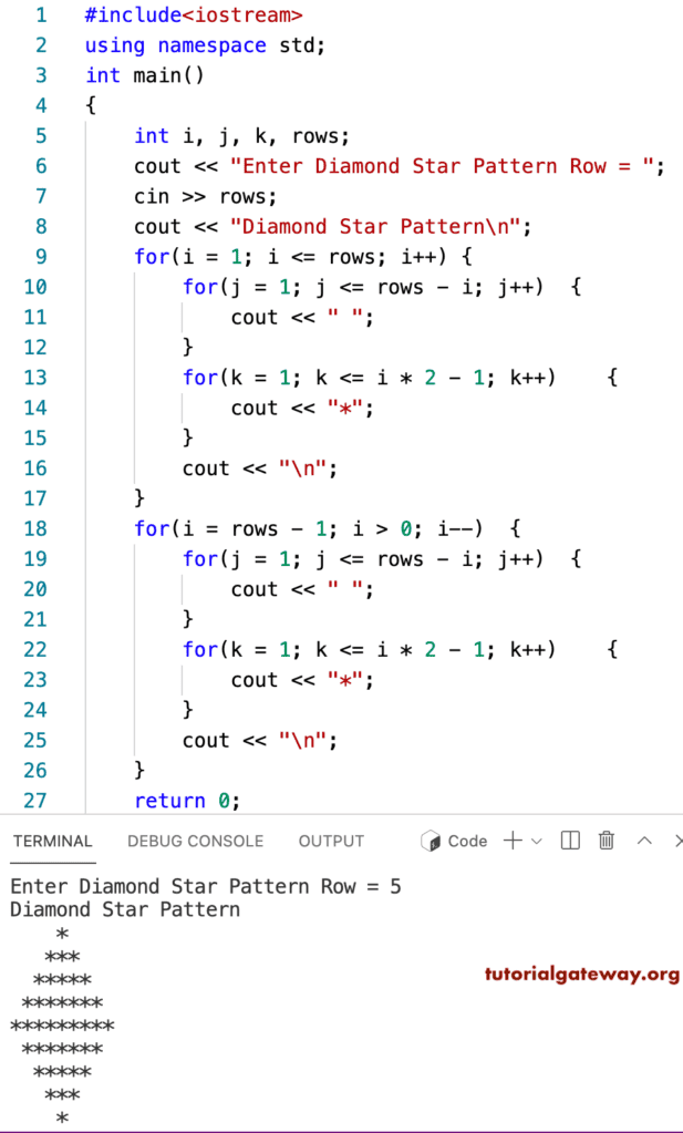 C Program To Print Diamond Star Pattern