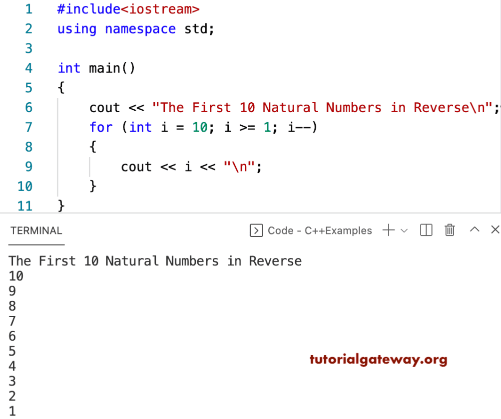 C Program To Print First 10 Natural Numbers In Reverse