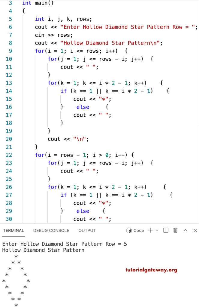 C Program To Print Hollow Diamond Star Pattern