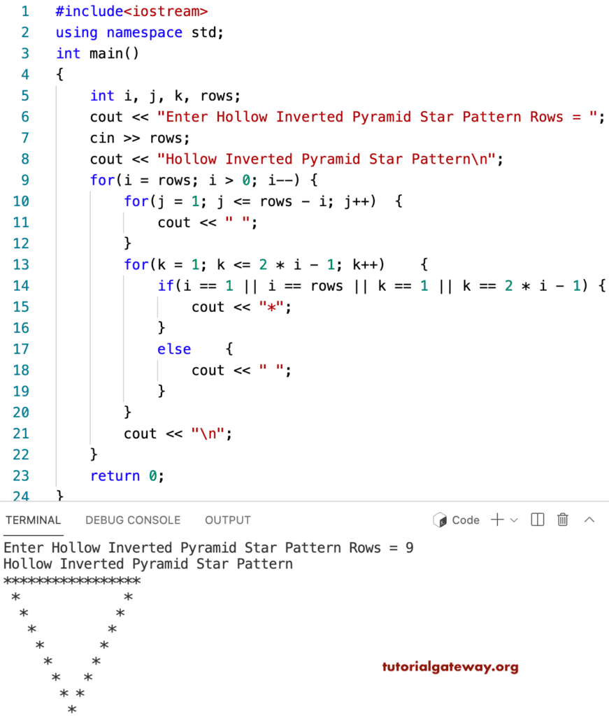 C Program To Print Hollow Inverted Star Pyramid Pattern