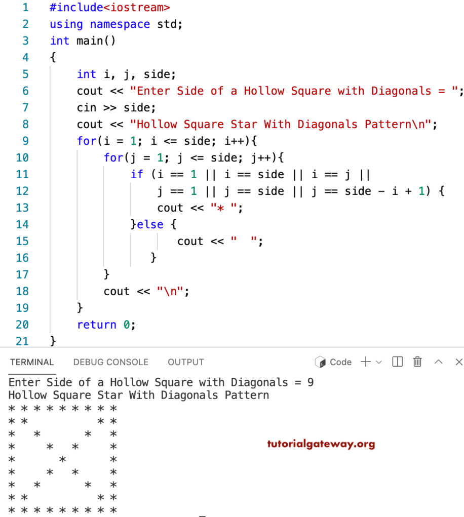 C Program To Print Hollow Square With Diagonals Star Pattern