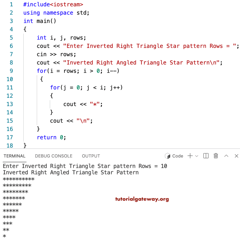 C Program To Print Inverted Right Triangle Star Pattern