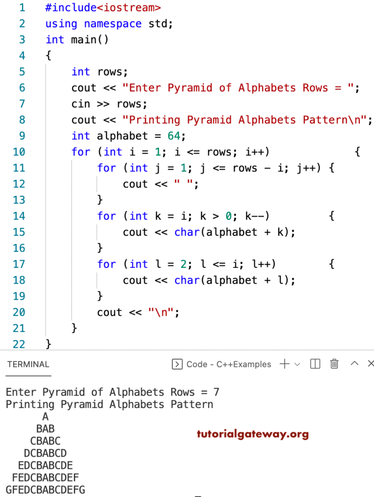 C Program To Print Pyramid Alphabets Pattern