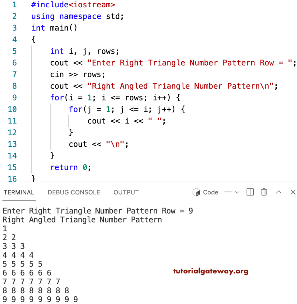 C Program To Print Right Triangle Number Pattern