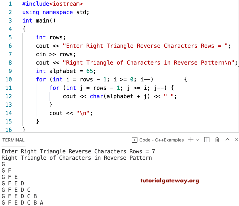 C Program To Print Right Triangle Of Alphabets In Reverse Pattern