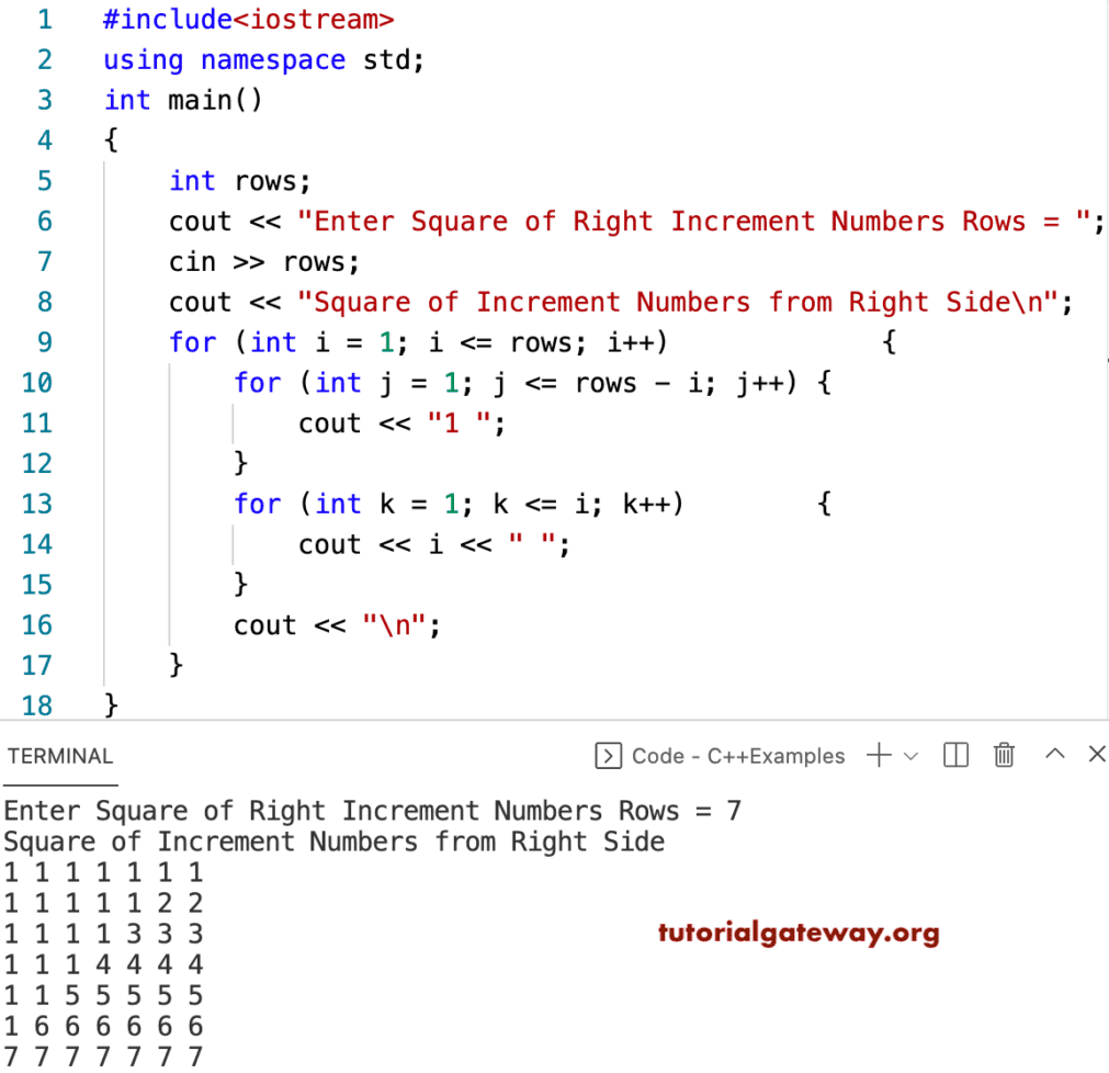 C Program To Print Square Of Right Increment Numbers Pattern