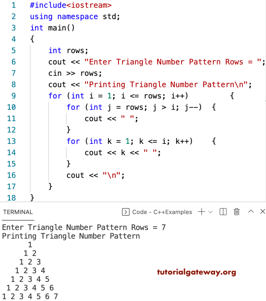 C Program To Print Triangle Numbers Pattern