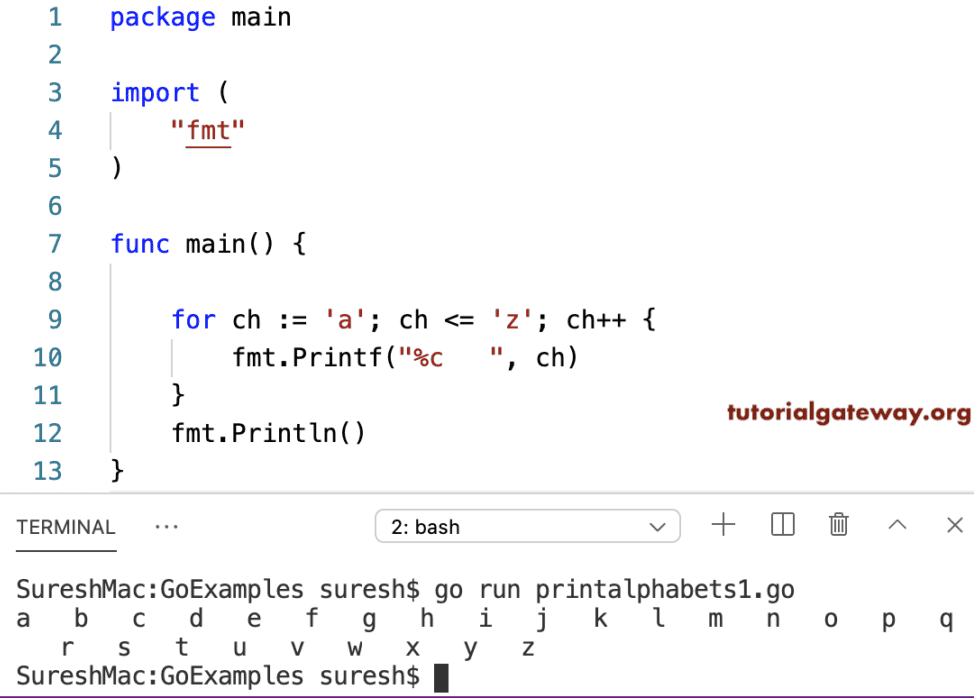 Go Program To Print Alphabets From A To Z