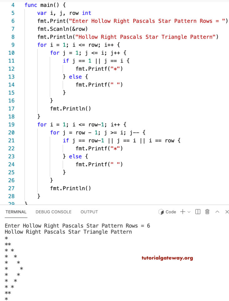 Go Program To Print Hollow Right Pascals Star Triangle
