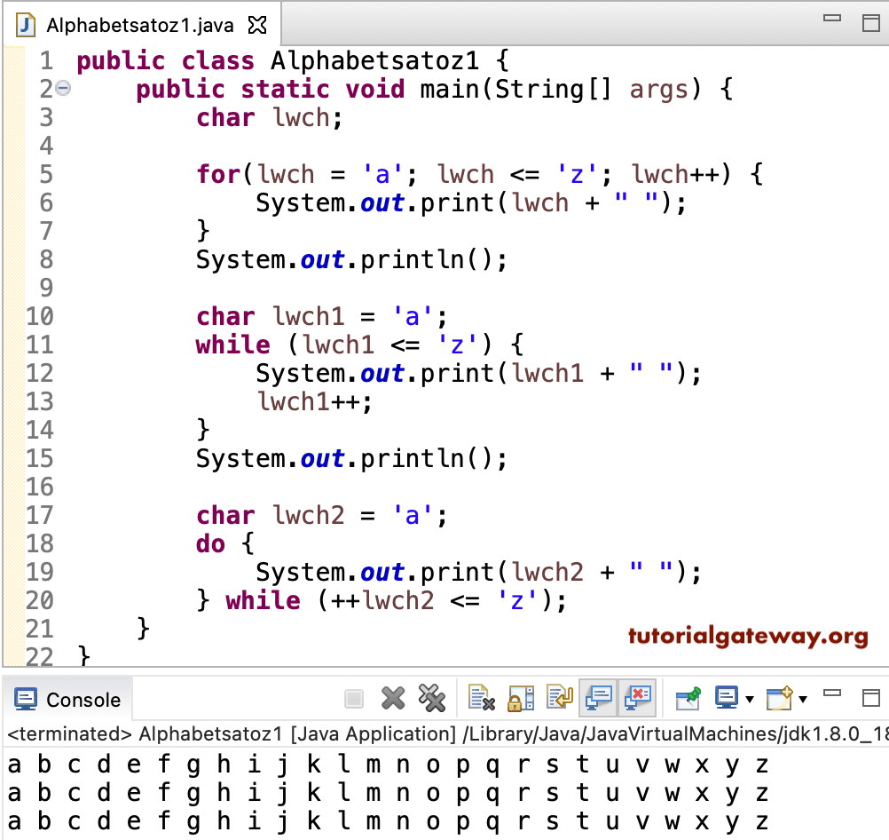Java Program To Display Alphabets From A To Z
