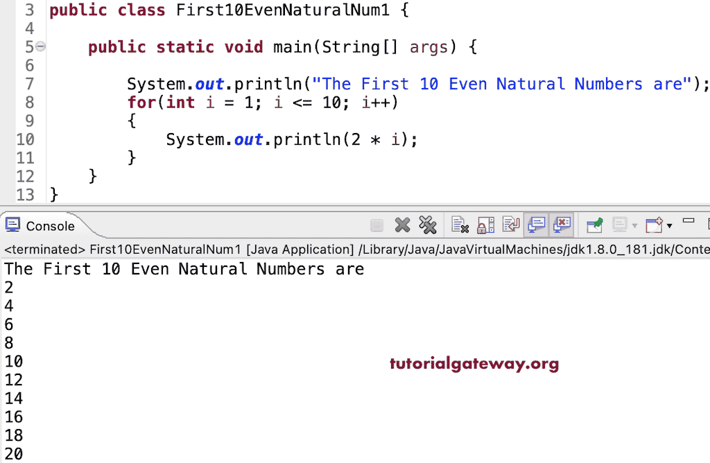 Java Program To Print First 10 Even Natural Numbers