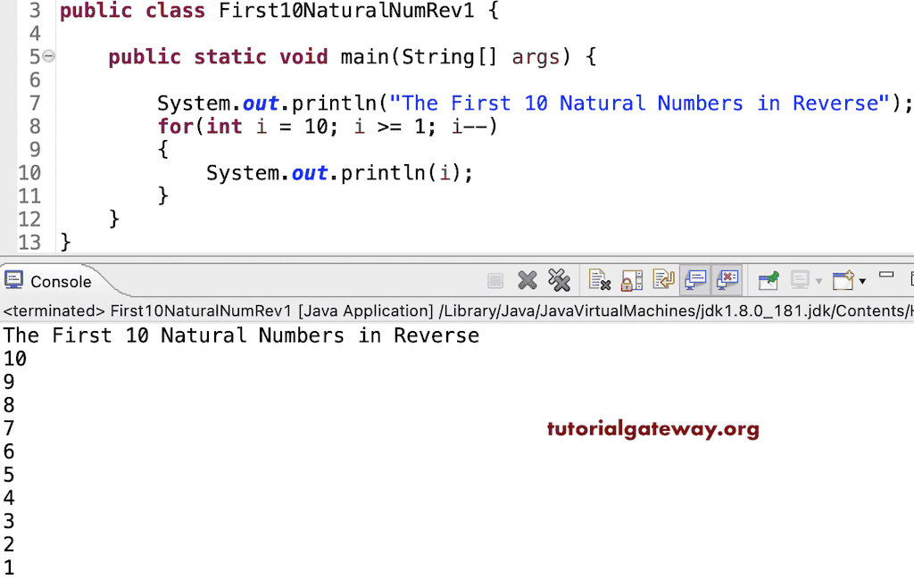 Java Program To Print First 10 Natural Numbers In Reverse