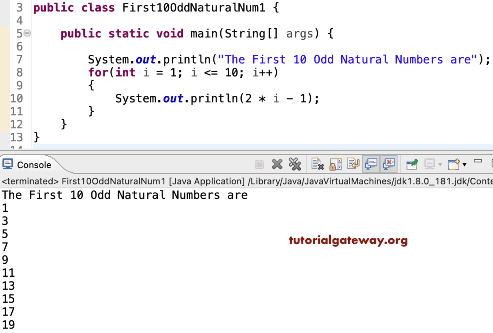 Java Program To Print First 10 Odd Natural Numbers
