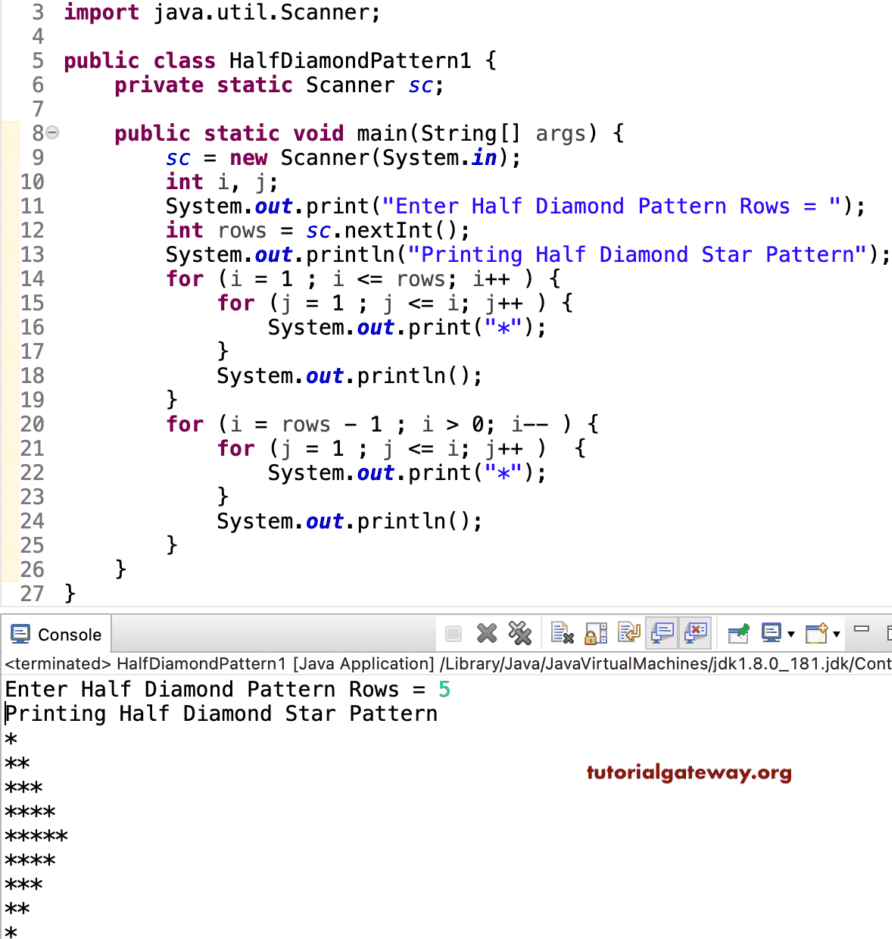 Java Program To Print Half Diamond Star Pattern
