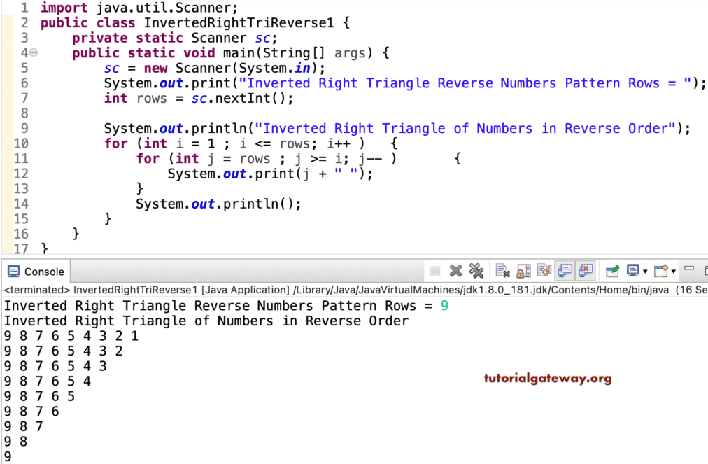 Java Program To Print Inverted Right Triangle Numbers In Reverse