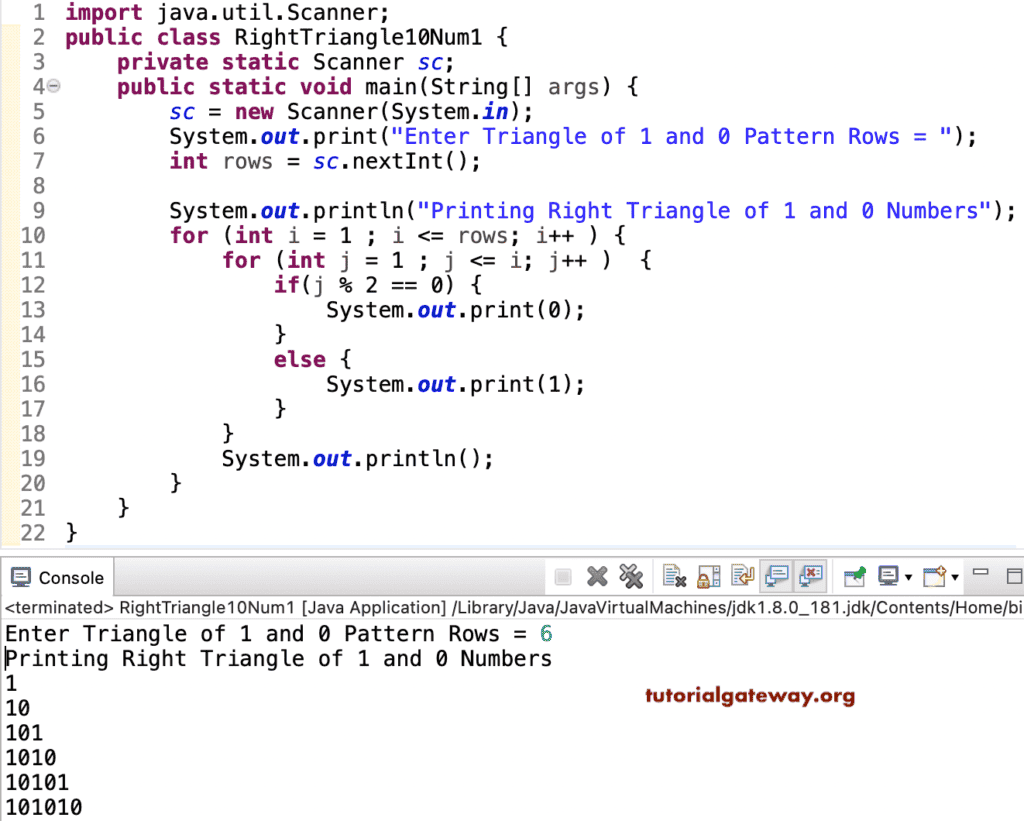 Java Program To Print Right Triangle Of 1 And 0
