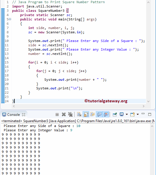 Java Program To Print Square Number Pattern