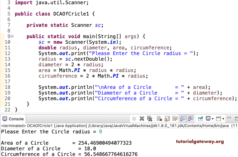 Java Program To Find Diameter Circumference And Area Of A Circle