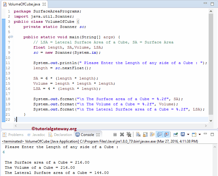 Java Program To Find Volume And Surface Area Of Cube