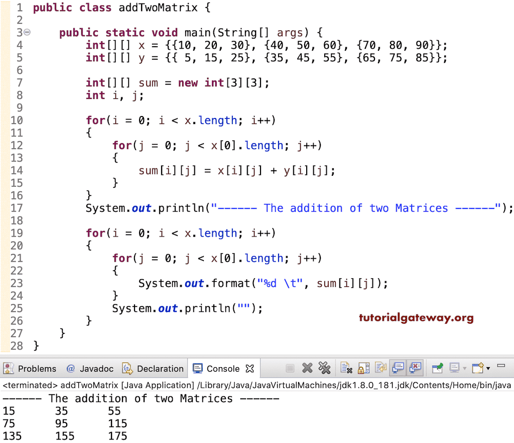 Java Program To Add Two Matrices