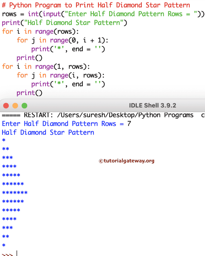 Python Program To Print Half Diamond Star Pattern