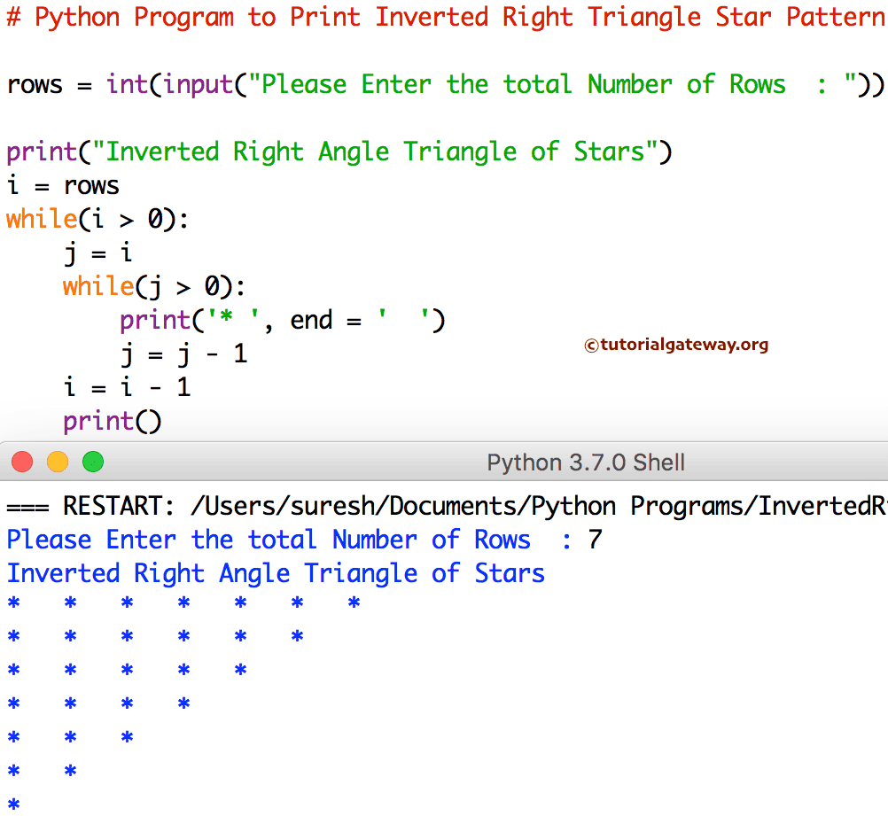 Python Program To Print Inverted Right Triangle Star Pattern