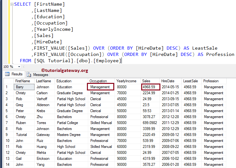 SQL FIRST VALUE
