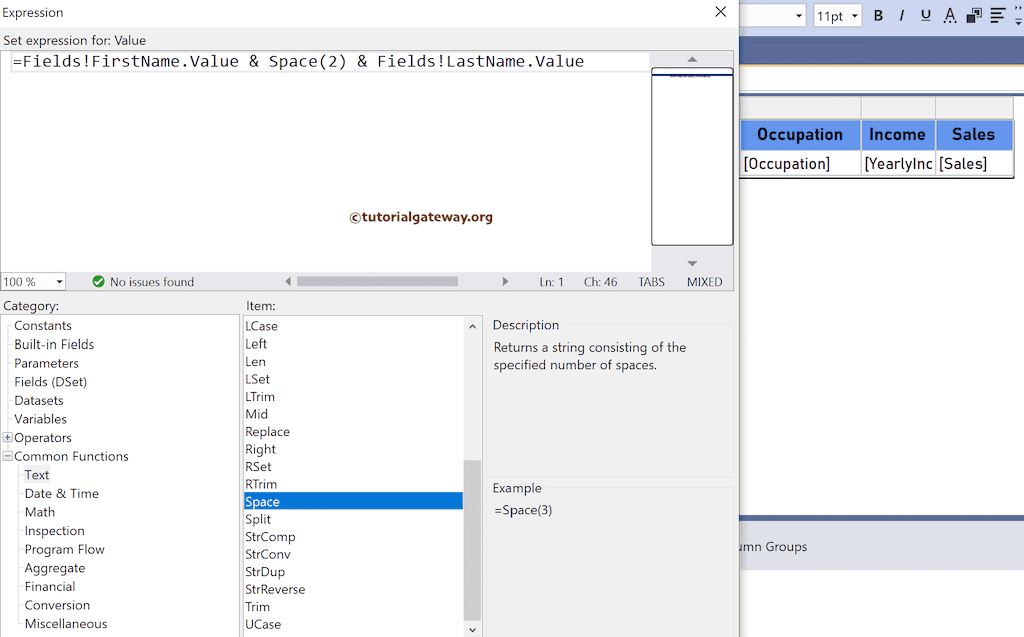 SSRS Space Function