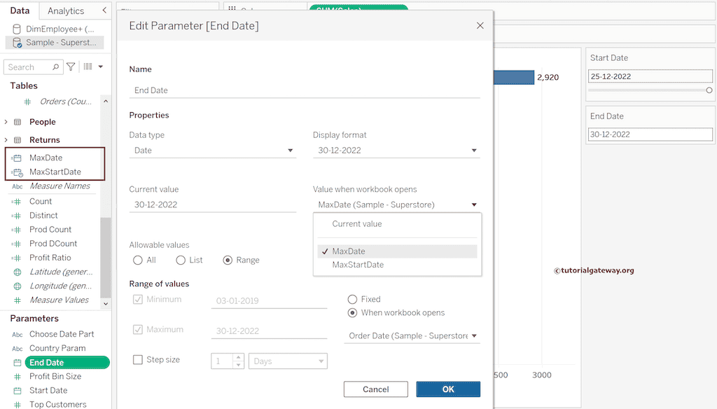 Tableau Start and End Date Filter using Parameter